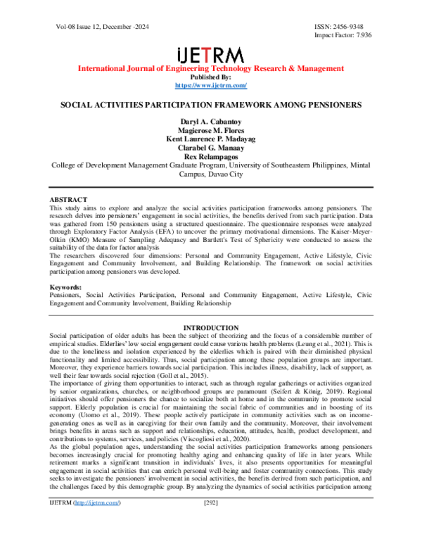 (PDF) SOCIAL ACTIVITIES PARTICIPATION FRAMEWORK AMONG PENSIONERS