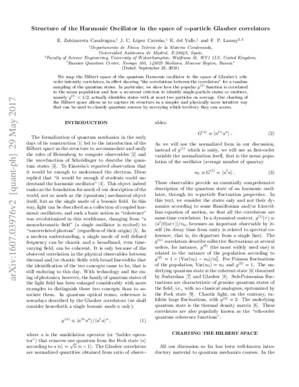 (PDF) Structure of the harmonic oscillator in the space of n-particle Glauber correlators