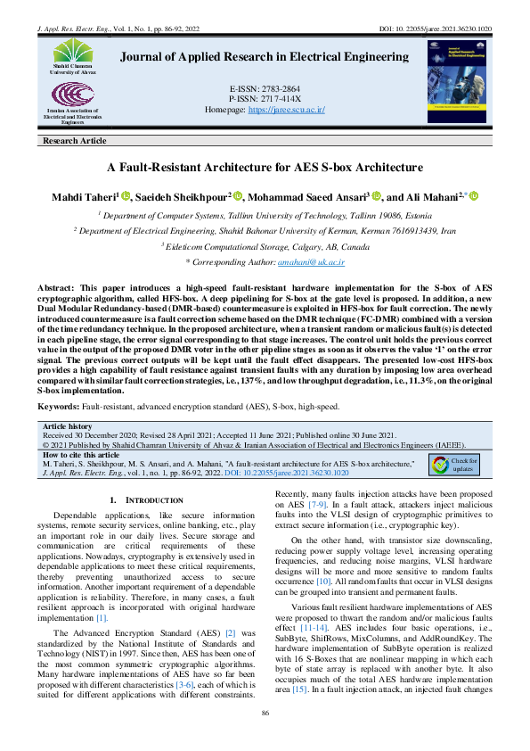 (PDF) A Fault-Resistant Architecture for AES S-box Architecture