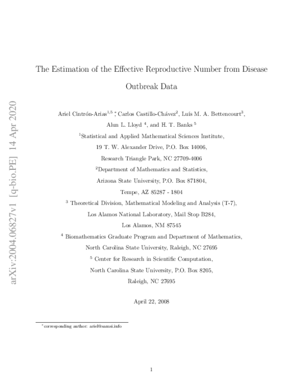 Pdf The Estimation Of The Effective Reproductive Number From Disease Outbreak Data