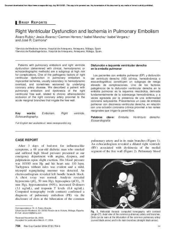(PDF) Right Ventricular Dysfunction and Ischemia in Pulmonary Embolism