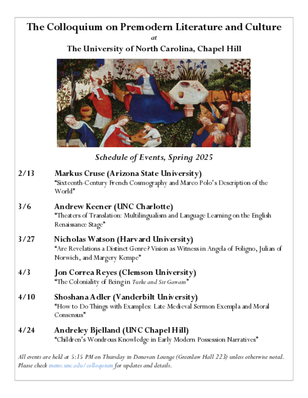 (PDF) Spring 2025 Premodern Literature and Culture Colloquium Schedule