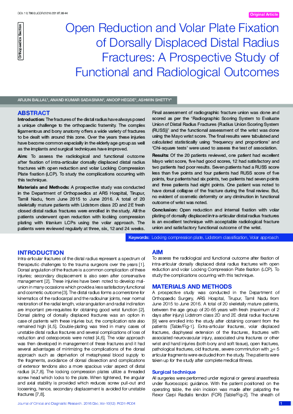 (PDF) Open Reduction and Volar Plate Fixation of Dorsally Displaced Distal Radius Fractures: A ...