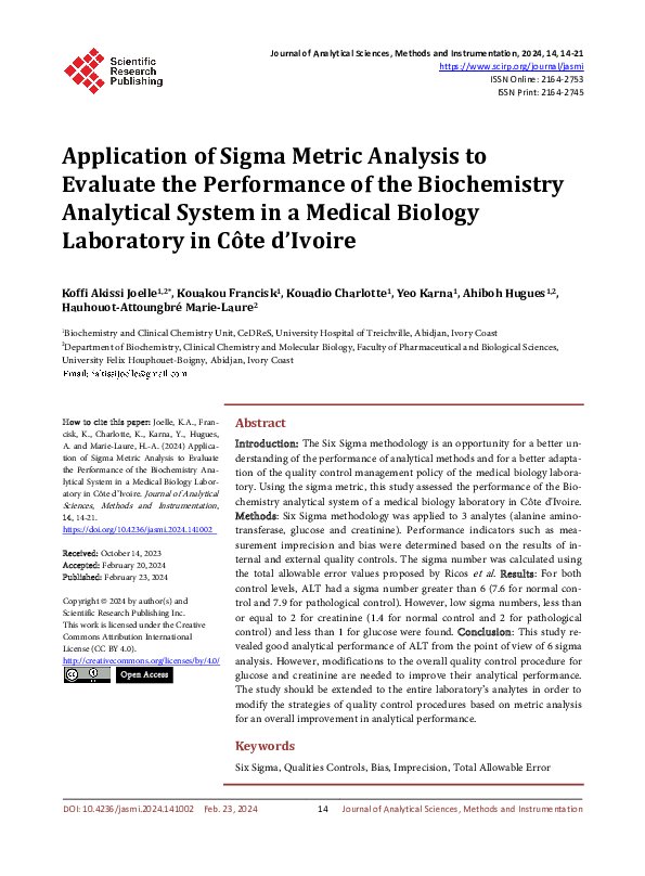 (PDF) Application of Sigma Metric Analysis to Evaluate the Performance ...