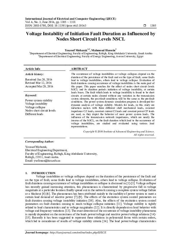 (PDF) Voltage Instability of Initiation Fault Duration as Influenced by ...