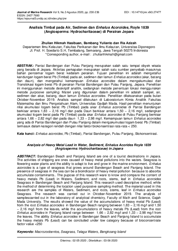 (PDF) Analisis Timbal pada Air, Sedimen dan Enhalus Acoroides, Royle ...