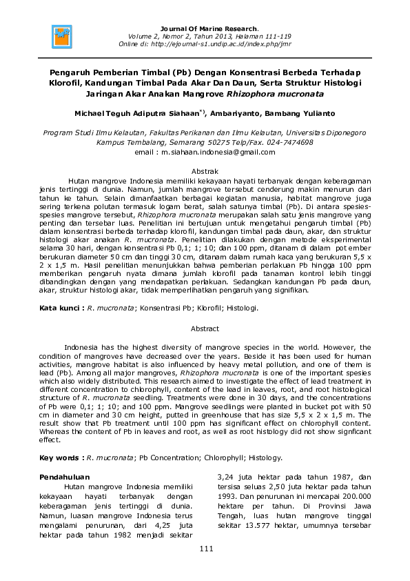 (PDF) Pengaruh Pemberian Timbal (Pb) Dengan Konsentrasi Berbeda Terhadap Klorofil, Kandungan ...