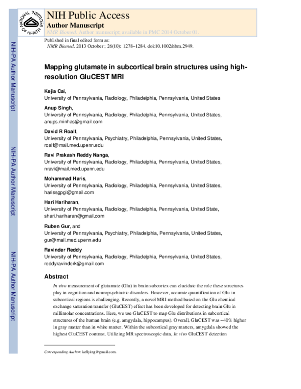 (PDF) Mapping glutamate in subcortical brain structures using high‐resolution GluCEST MRI