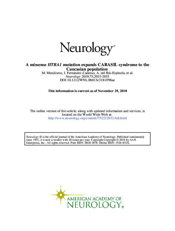 (PDF) A missense HTRA1 mutation expands CARASIL syndrome to the ...