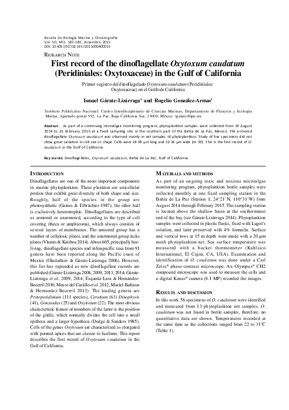 (PDF) First record of the dinoflagellate Oxytoxum caudatum ...