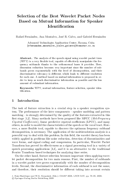 (PDF) Selection of the Best Wavelet Packet Nodes Based on Mutual Information for Speaker ...