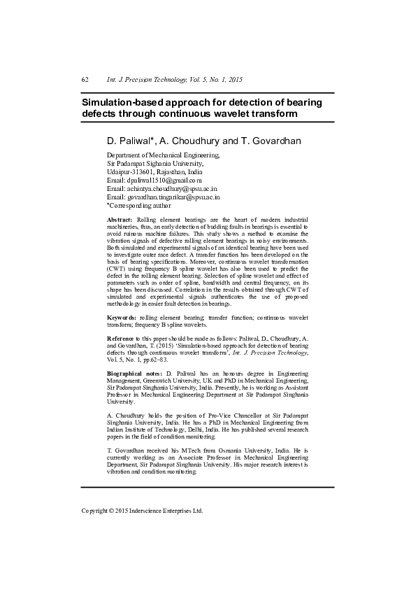 Pdf Simulation Based Approach For Detection Of Bearing Defects Through Continuous Wavelet