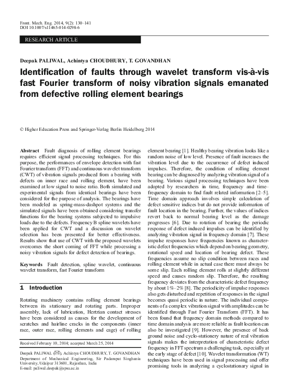(PDF) Identification of faults through wavelet transform vis-à-vis fast ...