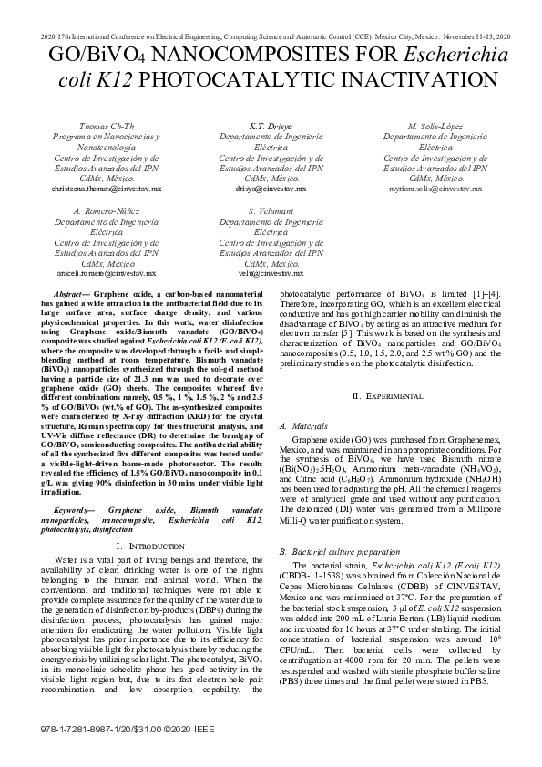 (PDF) GO/BiVO4 NANOCOMPOSITES FOR Escherichia coli K12 PHOTOCATALYTIC ...