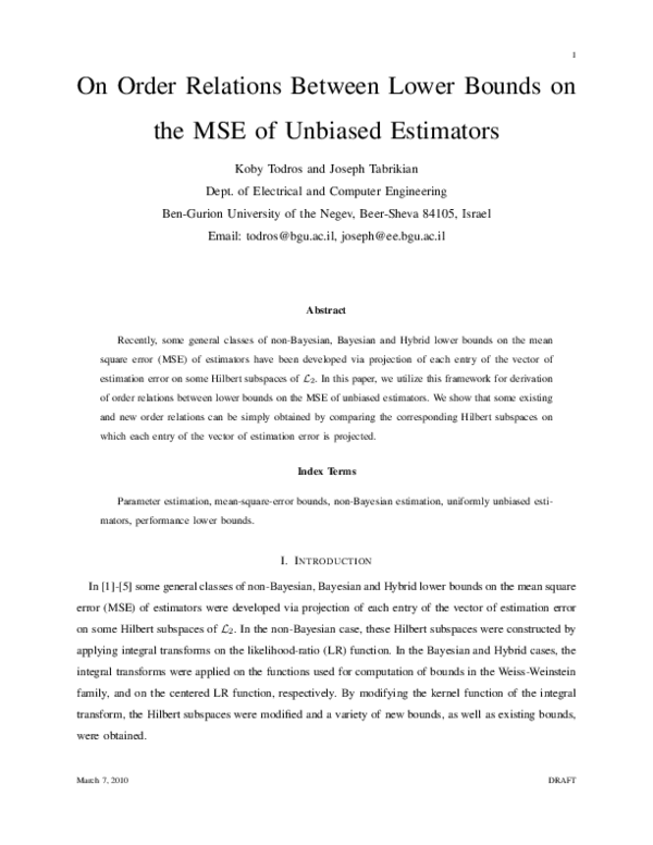 (PDF) On order relations between lower bounds on the MSE of unbiased estimators
