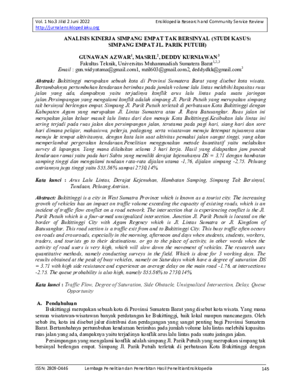 (PDF) Analisis Kinerja Simpang Empat Tak Bersinyal (Studi Kasus ...