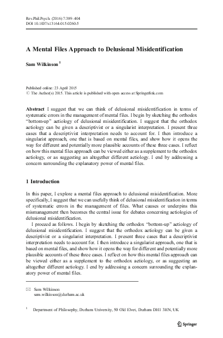 (PDF) A Mental Files Approach to Delusional Misidentification