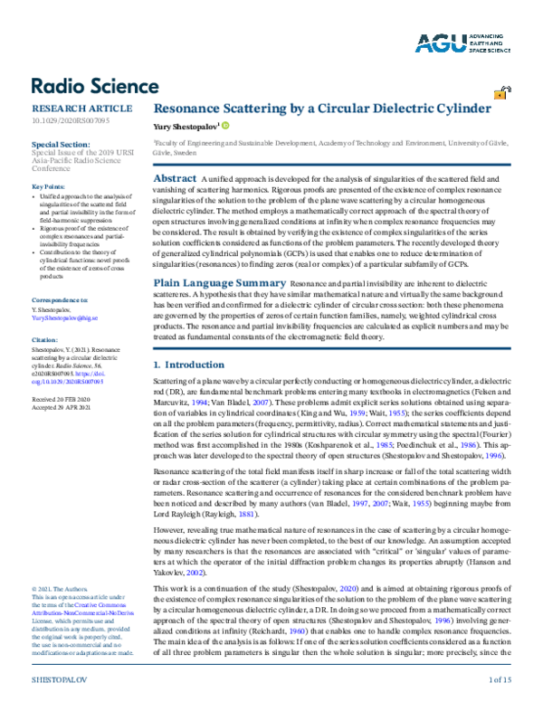 (PDF) Resonance Scattering by a Circular Dielectric Cylinder