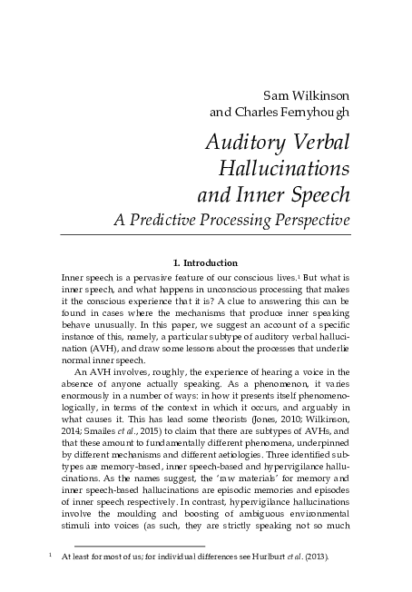 (PDF) Auditory Verbal Hallucinations and Inner Speech : A Predictive Processing Perspective