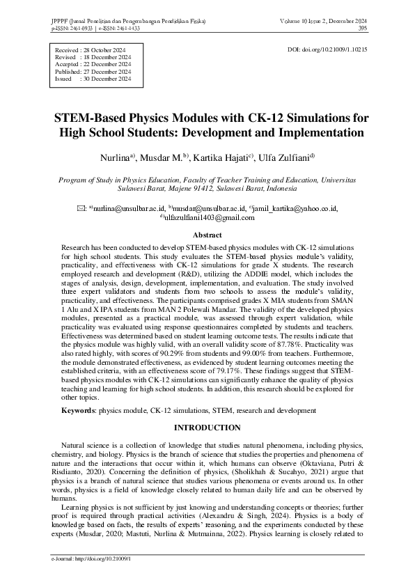 (PDF) STEM-Based Physics Modules with CK-12 Simulations for High School Students: Development ...