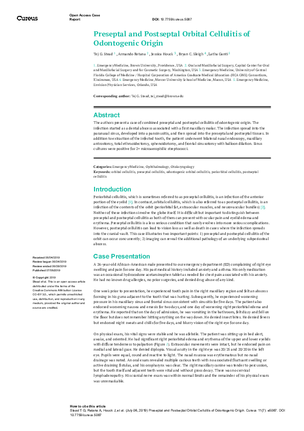 (PDF) Preseptal and Postseptal Orbital Cellulitis of Odontogenic Origin