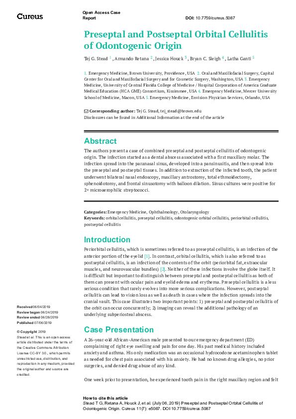 (PDF) Preseptal and Postseptal Orbital Cellulitis of Odontogenic Origin