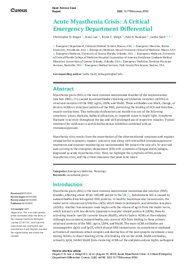 (PDF) Acute Myasthenia Crisis: A Critical Emergency Department Differential