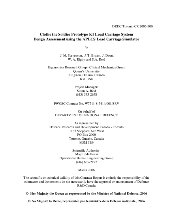 (PDF) Clothe the Soldier Prototype K1 Load Carriage System Design Assessment using the APLCS ...