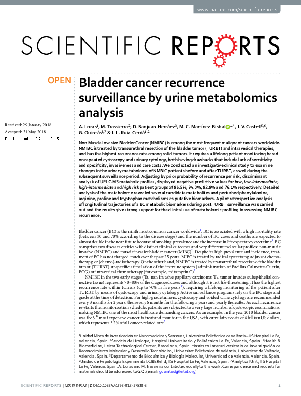 (PDF) Bladder cancer recurrence surveillance by urine metabolomics analysis