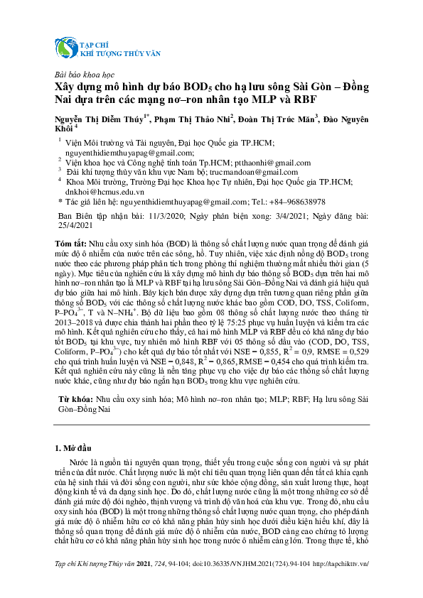 (PDF) Xây dựng mô hình dự báo BOD5 cho hạ lưu sông Sài Gòn – Đồng Nai dựa trên các mạng nơ–ron ...