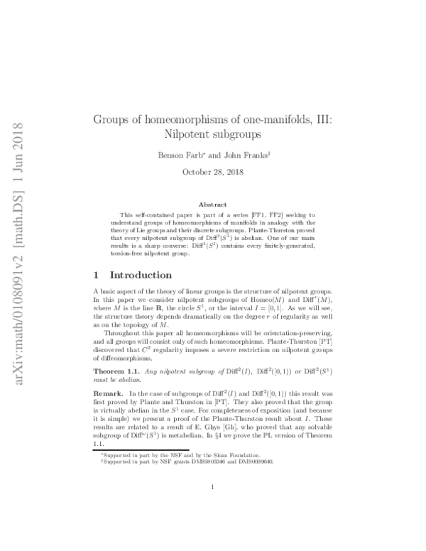 (PDF) Groups of homeomorphisms of one-manifolds III: nilpotent subgroups