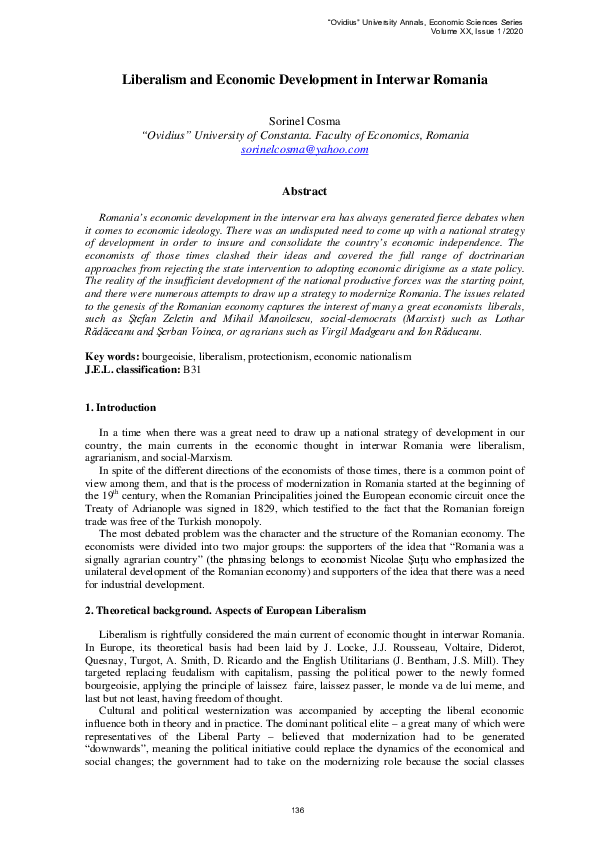 (PDF) Liberalism and Economic Development in Interwar Romania