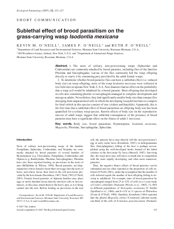 (PDF) Sublethal effect of brood parasitism on the grass-carrying wasp ...