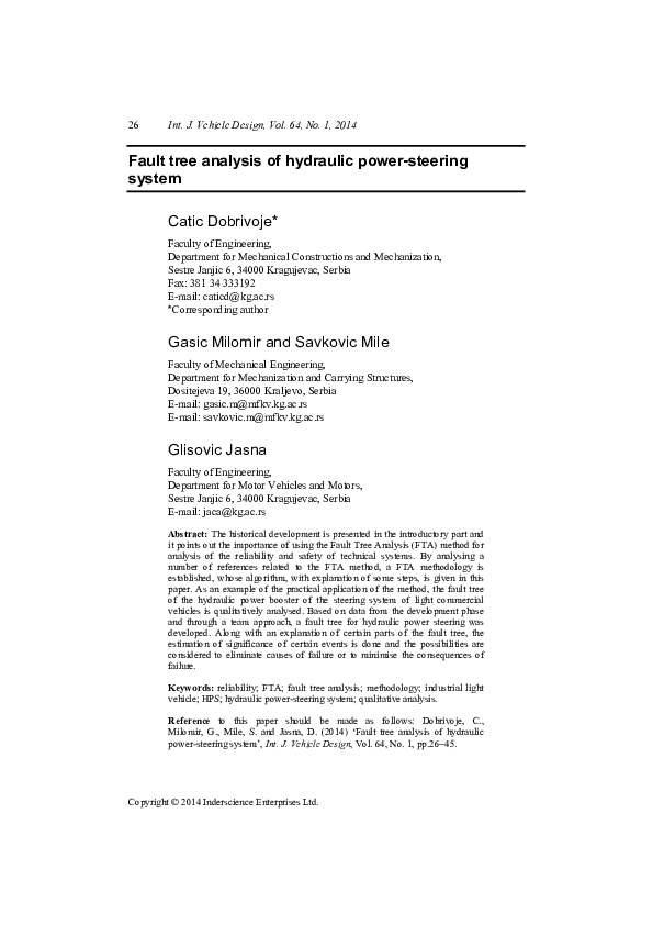 (PDF) Fault tree analysis of hydraulic power-steering system