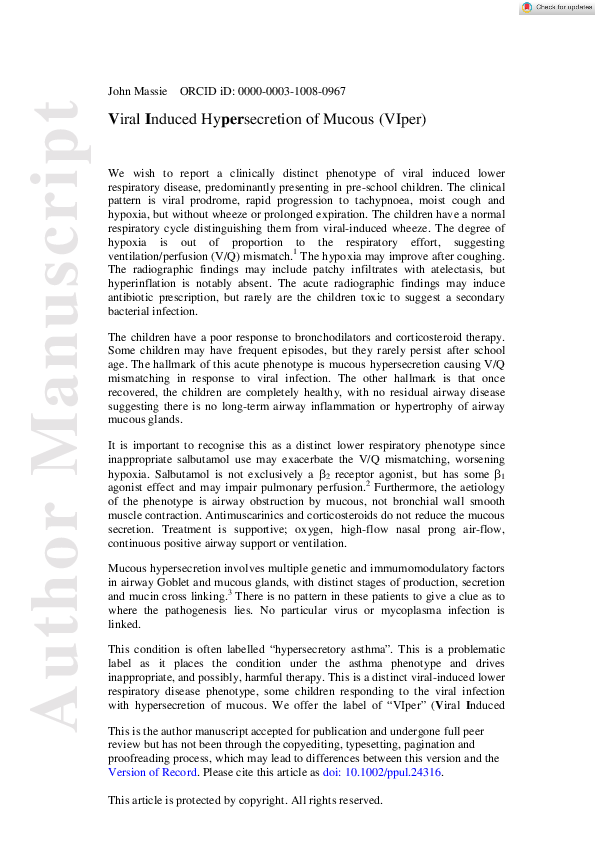 (PDF) Viral induced hypersecretion of mucous (VIper)