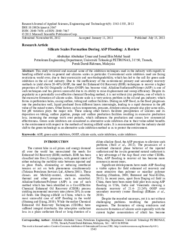 (PDF) Silicate Scales Formation During ASP Flooding: A Review