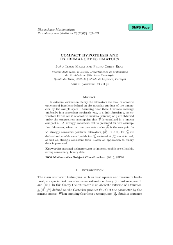 (PDF) Compact hypothesis and extremal set estimators