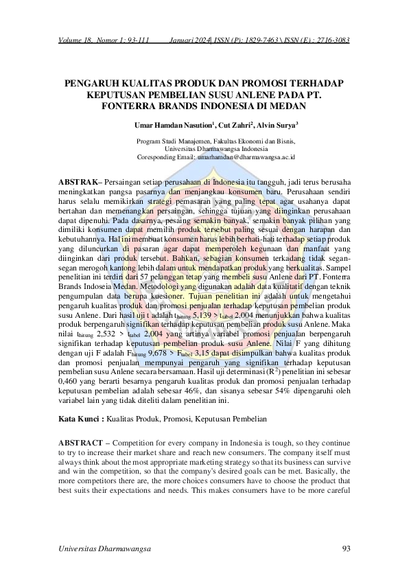 (PDF) Pengaruh Kualitas Produk Dan Promosi Terhadap Keputusan Pembelian Susu Anlene Pada Pt ...