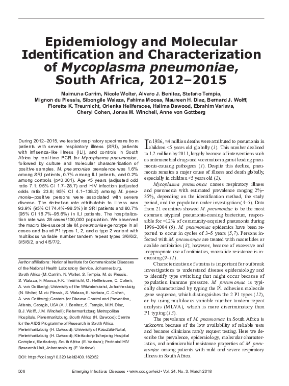 (PDF) Epidemiology and Molecular Identification and Characterization ofMycoplasma pneumoniae ...