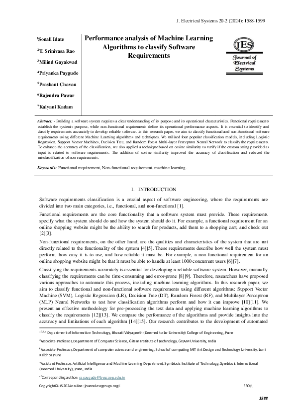 (PDF) Performance analysis of Machine Learning Algorithms to classify Software Requirements