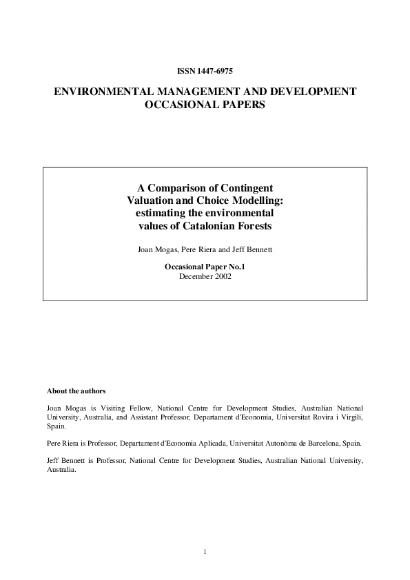 (PDF) A comparison of contingent valuation and choice modelling ...