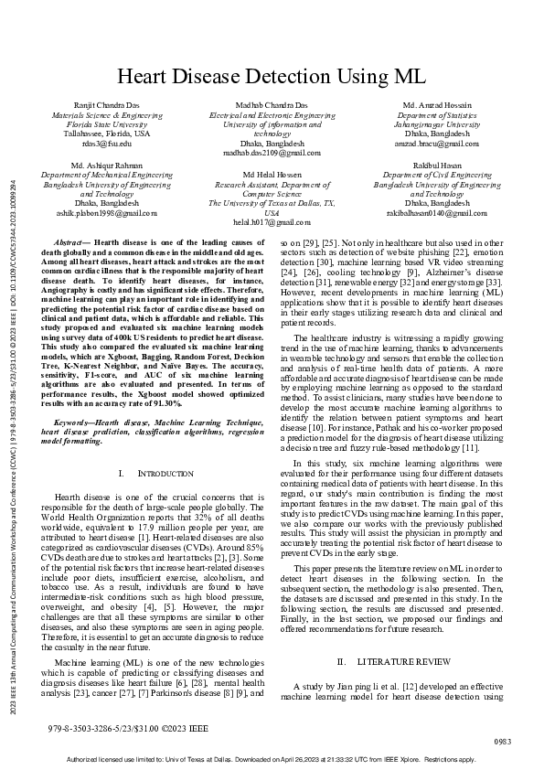 (PDF) Heart Disease Detection Using ML.