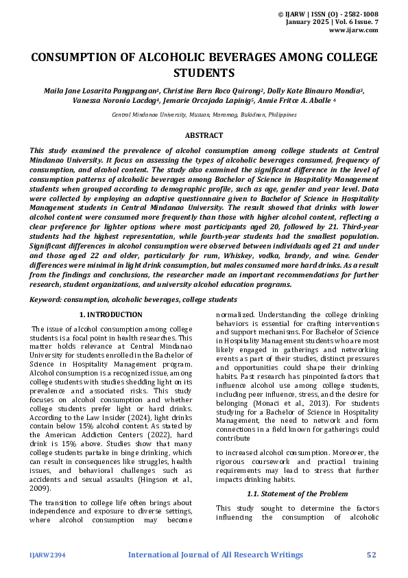 (PDF) CONSUMPTION OF ALCOHOLIC BEVERAGES AMONG COLLEGE STUDENTS