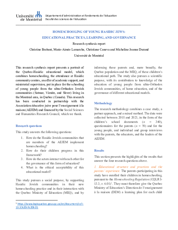 (PDF) Brabant et al. 2024 RESEARCH SYNTHESIS REPORT Homeschooling young ...