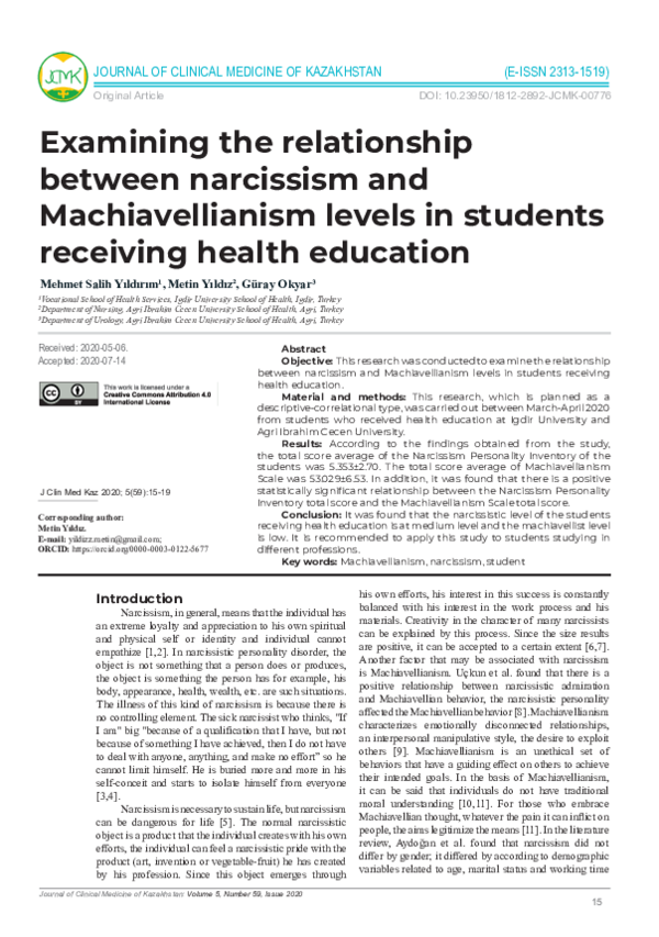 (PDF) Examining the relationship between narcissism and Machiavellianism levels in students ...