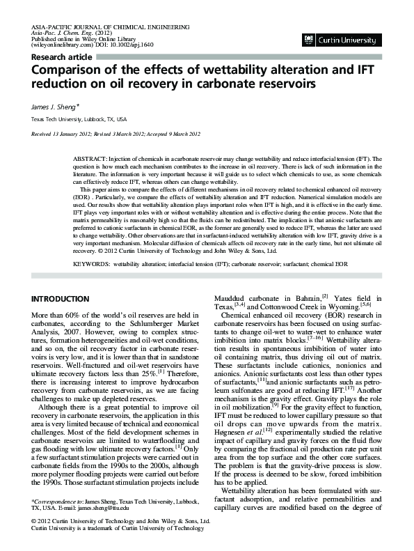 (PDF) Comparison of the effects of wettability alteration and IFT ...