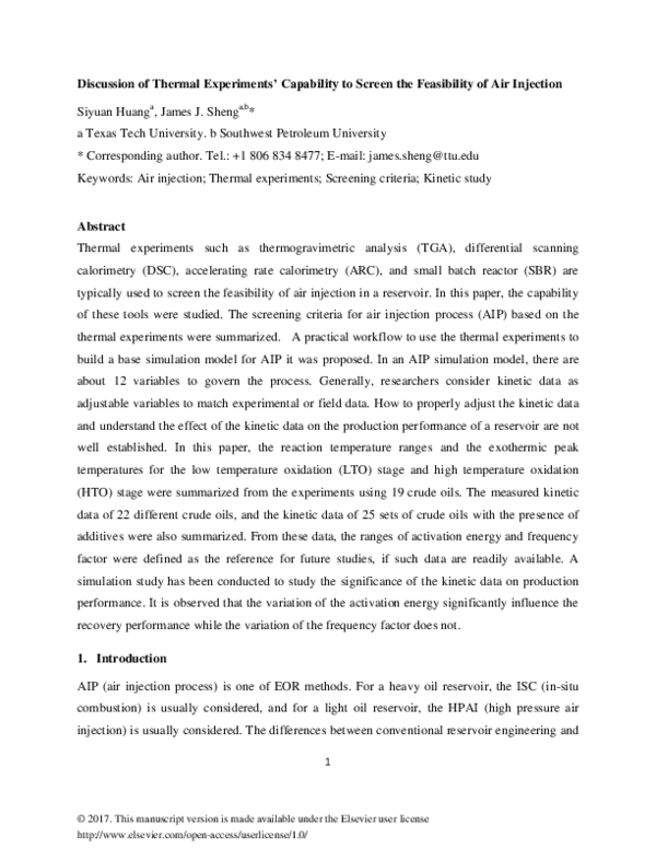 (PDF) Discussion of thermal experiments’ capability to screen the feasibility of air injection