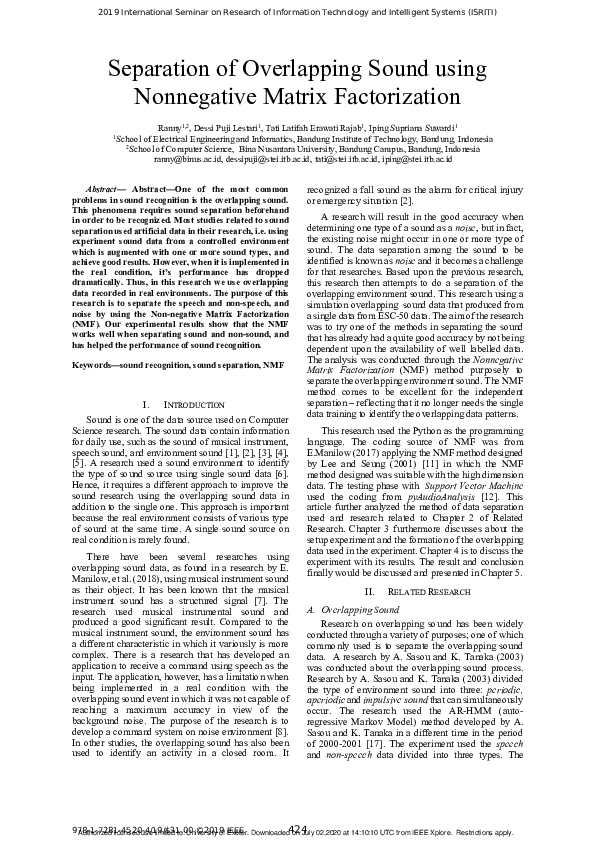 (PDF) Separation of Overlapping Sound using Nonnegative Matrix Factorization