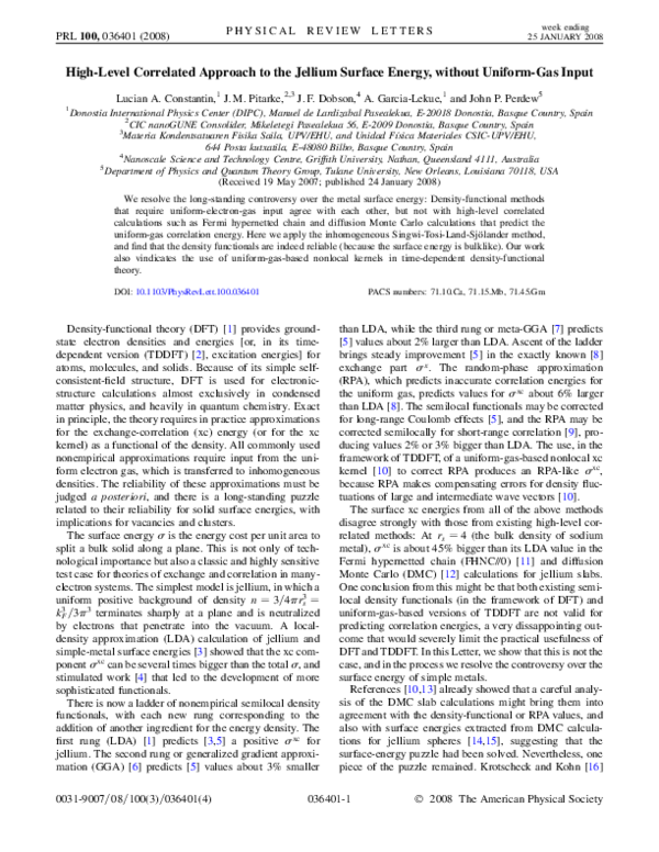 (PDF) High-Level Correlated Approach to the Jellium Surface Energy ...