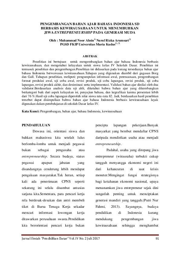 (PDF) Pengembangan Bahan Ajar Bahasa Indonesia SD Berbasis Kewirausahaan Untuk Menumbuhkan Jiwa ...